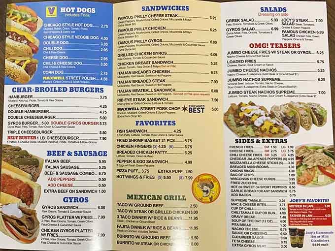 This menu is basically a love letter to Chicago street food, written in categories you'll want to explore repeatedly.