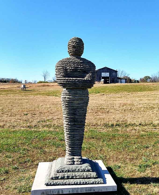 This stacked metal figure stands like an ancient sentinel, reminding us that art can be both simple and profound.