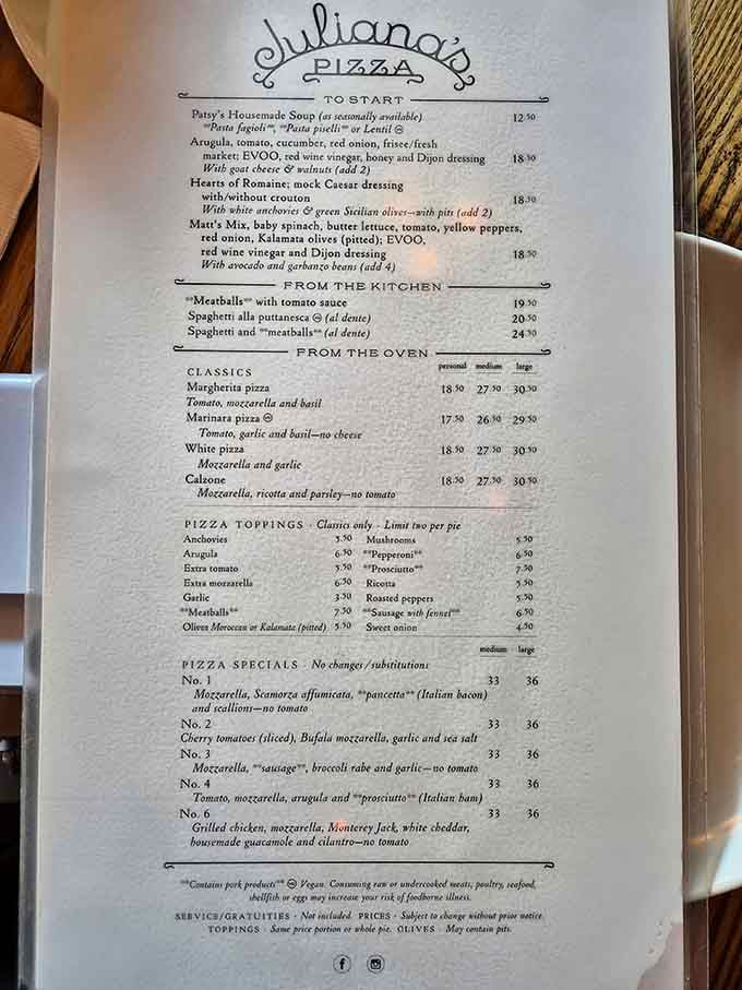 This menu reads like poetry for people who take their pizza seriously, and we salute them.