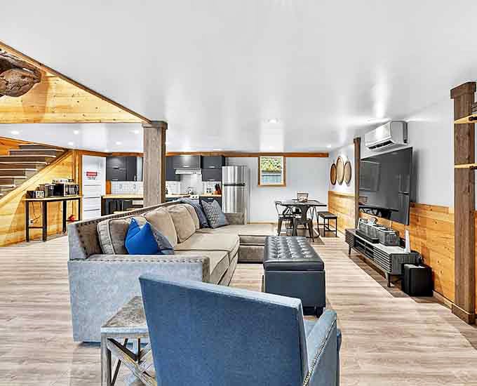 Cathedral ceilings and plush seating create the perfect space for movie marathons under your prehistoric guardian's watchful gaze.