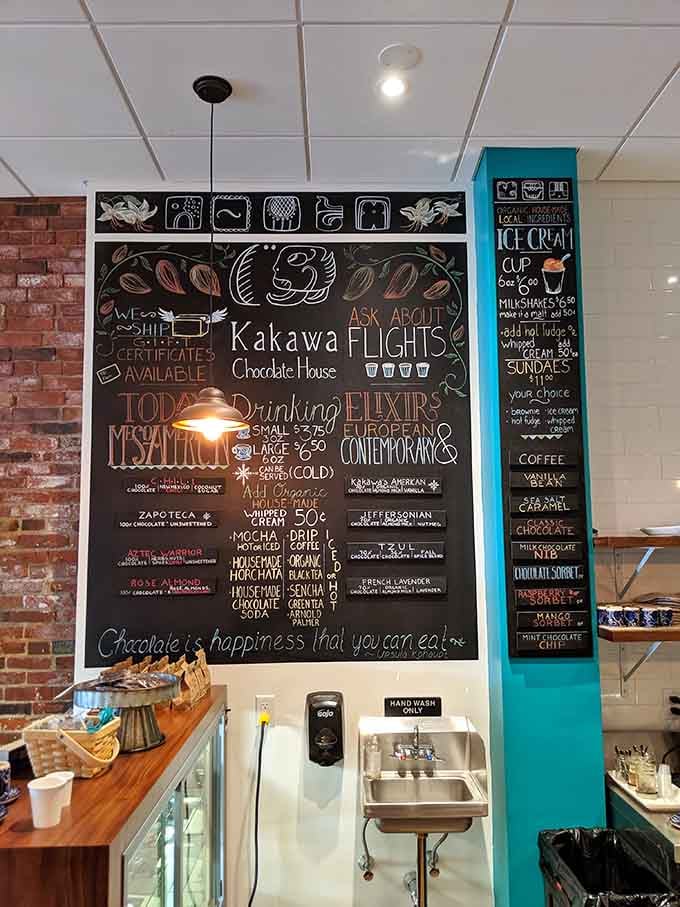 This chalkboard menu reads like a history book you can actually drink, spanning continents and centuries of chocolate.