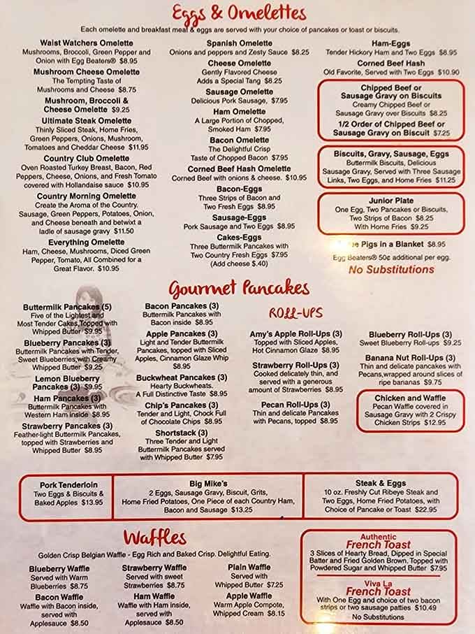 This menu reads like a love letter to breakfast, offering more pancake varieties than most people have had hot meals.