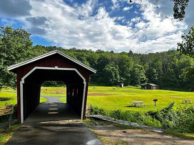 Kent Falls State Park's covered bridge frames nature like a postcard that somehow came to life in your backyard.