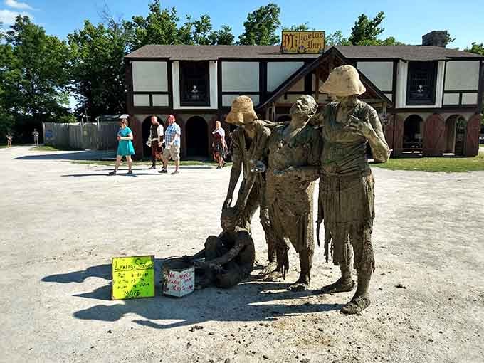 Living statues stand motionless in elaborate costumes, waiting to surprise unsuspecting visitors with sudden movements and laughter.
