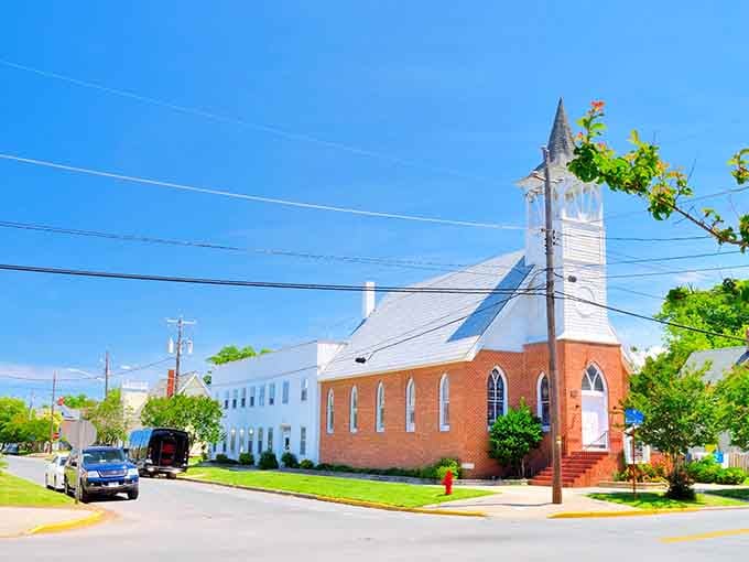 Victorian architecture and brick churches create a streetscape that belongs on a postcard from yesteryear.