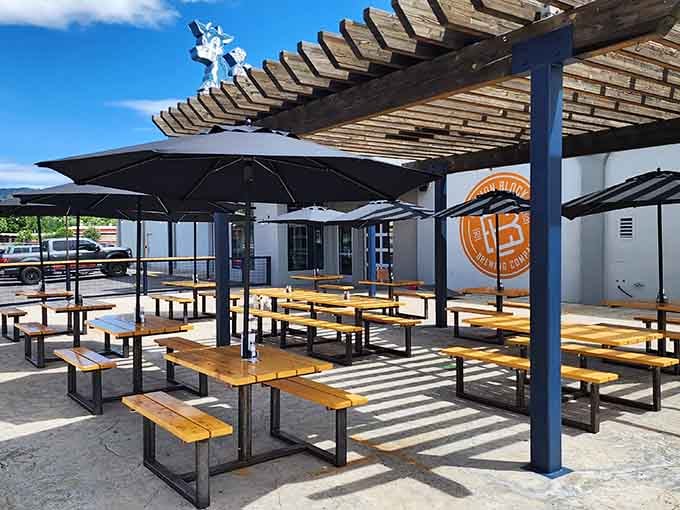 Common Block Brewing's outdoor seating area looks ready for sunshine, good beer, and zero pretension whatsoever.