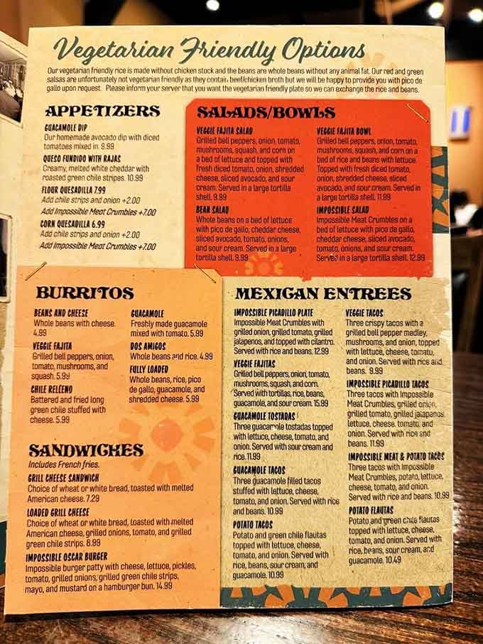 This menu reads like a love letter to border cuisine, offering everything from impossible burgers to traditional Mexican classics.
