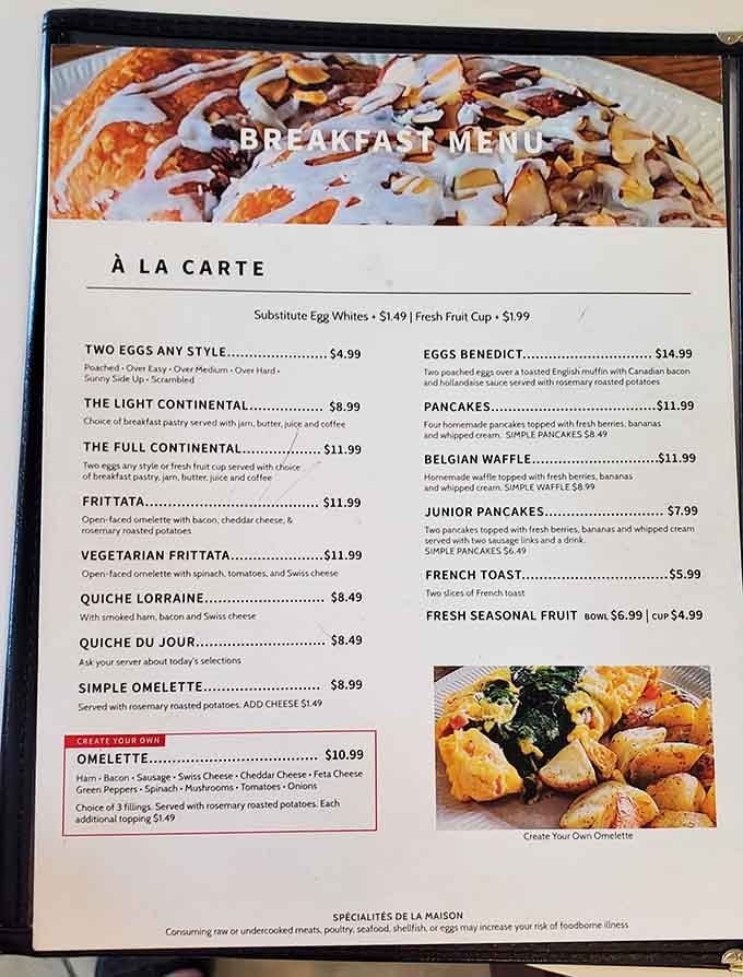 This breakfast menu reads like a love letter to morning, offering everything from simple eggs to decadent Belgian waffles.