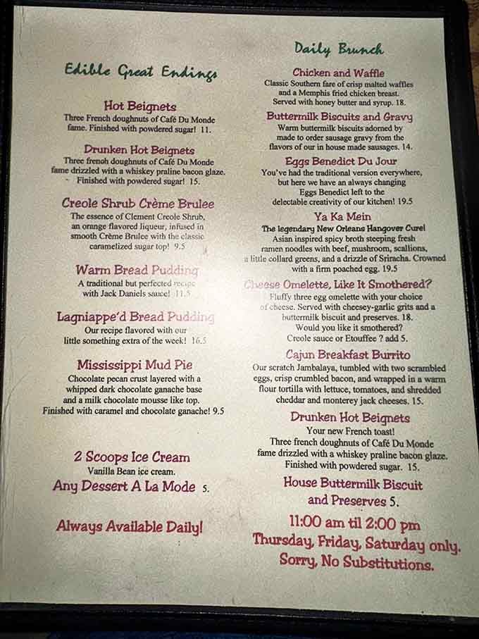 This menu reads like a greatest hits album of Cajun cuisine, from Drunken Hot Beignets to Mississippi Mud Pie.