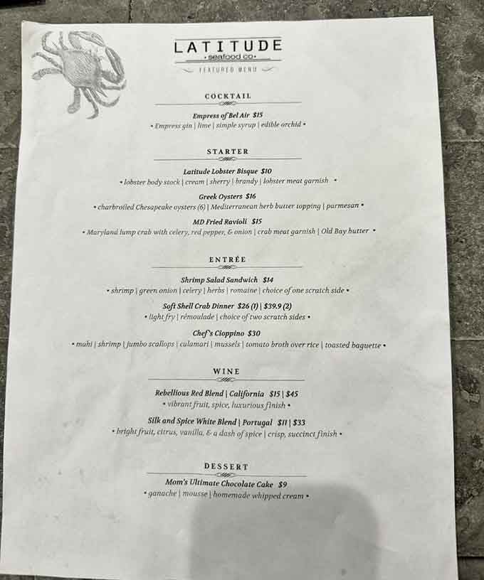 This menu reads like a love letter to the Chesapeake, featuring crab-forward dishes that celebrate Maryland's greatest treasure.
