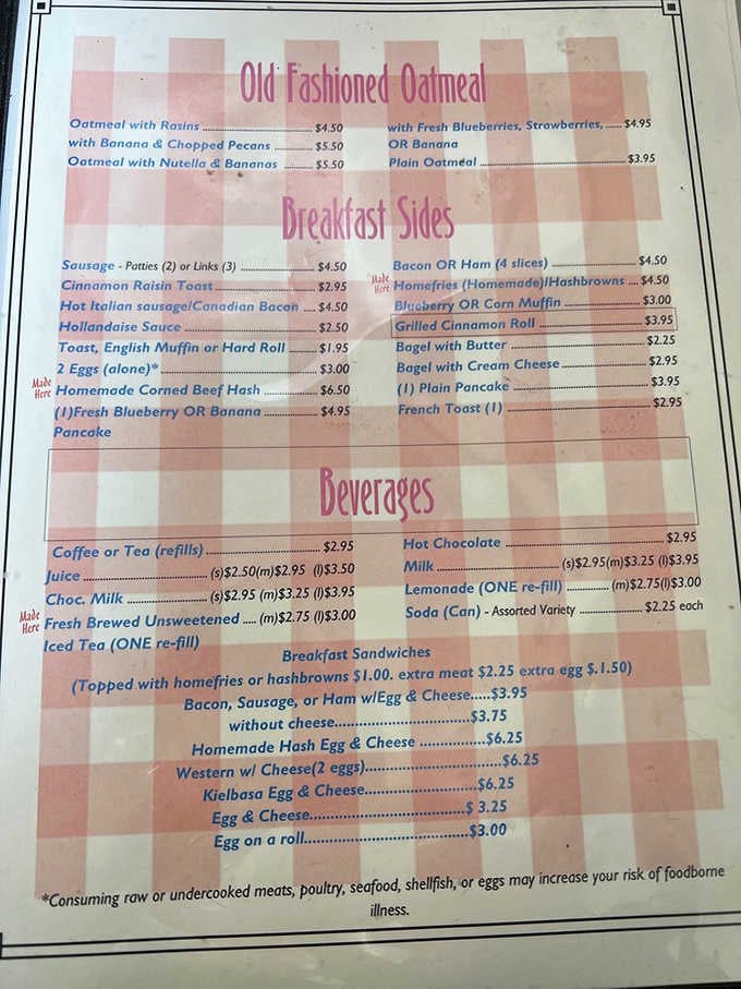 The menu's checkered background matches the wholesome, no-nonsense approach to breakfast done absolutely right.