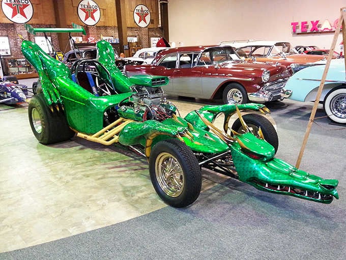 When hot rod culture meets pure imagination, you get a green metallic dragon that refuses to apologize for existing.