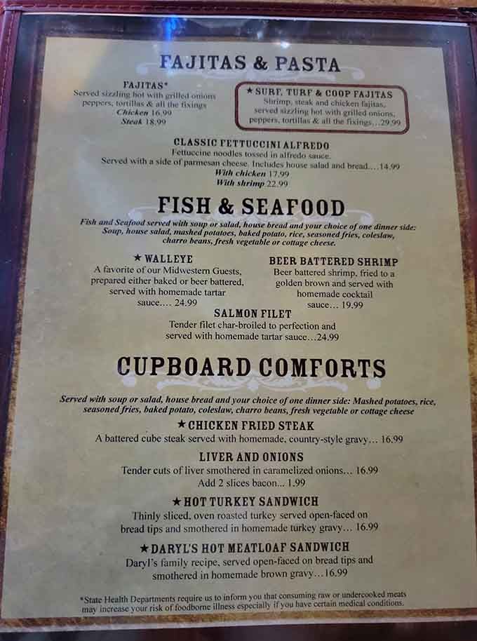 From fajitas to fettuccini, this menu proves variety is the spice of life in small-town dining.