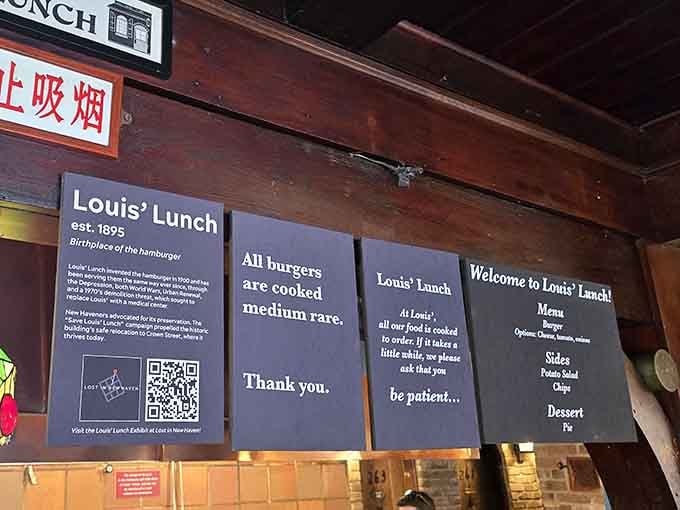 The menu is refreshingly simple: burgers, sides, pie, and absolutely zero apologies for what's not available here.