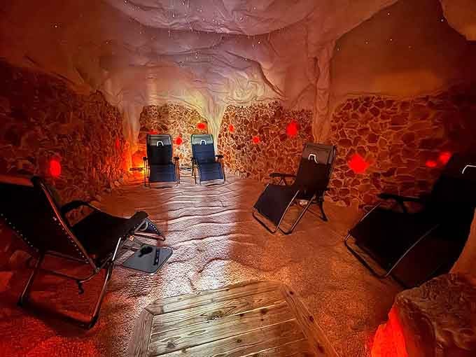 Step into this glowing salt sanctuary where zero-gravity chairs and Himalayan walls create pure therapeutic magic for your lungs.