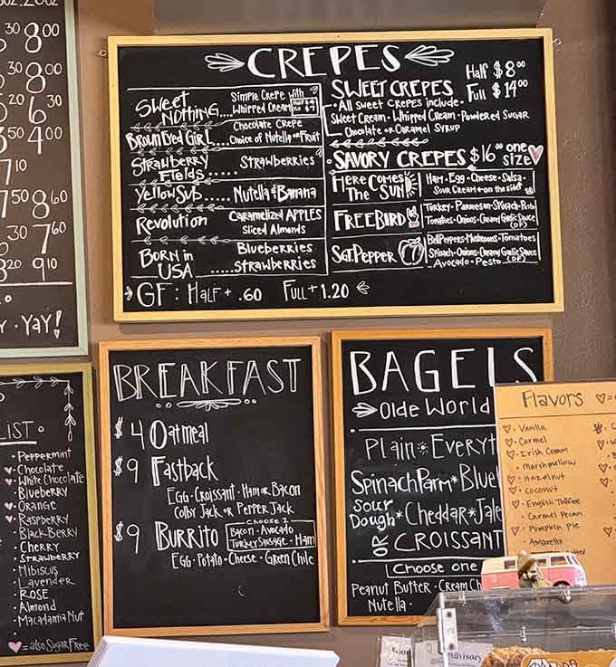 Hand-chalked menus with Beatles-themed crepe names prove someone here really loves their job and their music history.