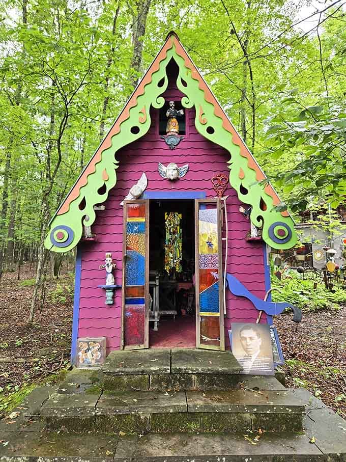 Hansel and Gretel's cottage got a serious upgrade with hot pink siding and peacock-feather trim that pops.