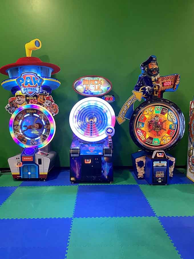 The arcade lineup features everything from Paw Patrol to pirate treasure, because variety is the spice of childhood.
