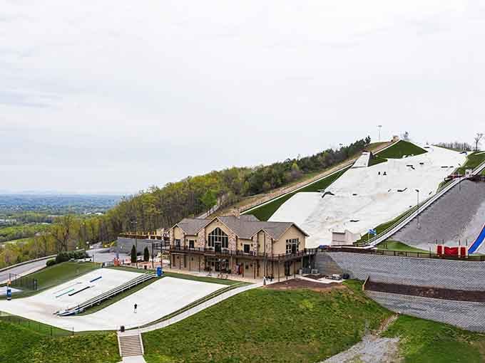 Yes, that's a ski slope with grass, because Lynchburg decided physics was more of a suggestion than a rule.