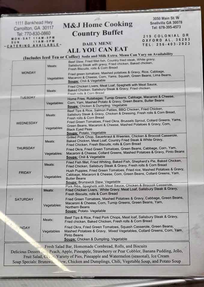 This menu reads like a love letter to Southern cuisine, with a different romance every single day.