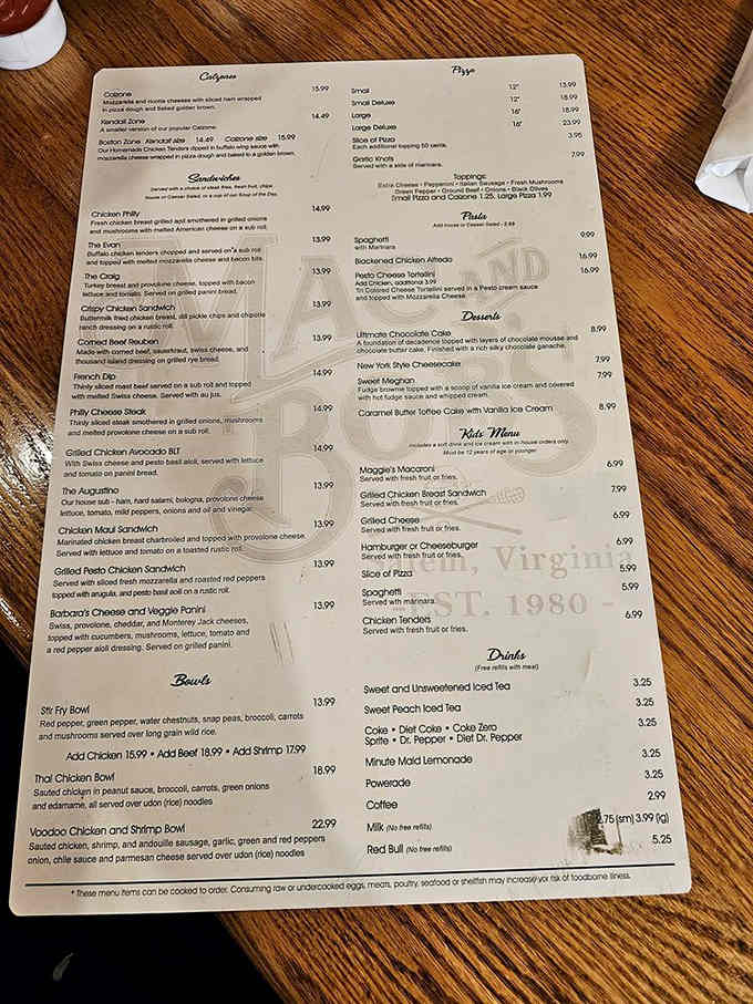 This menu holds the blueprint to your delicious downfall, featuring calzones that laugh at portion control.