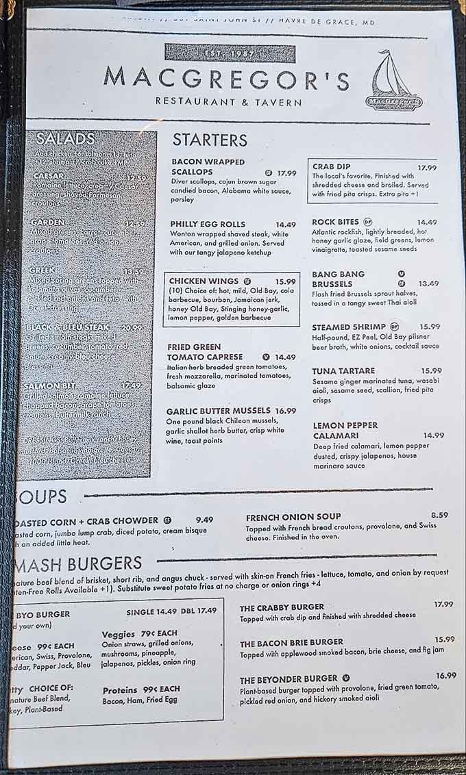 This menu reads like a greatest hits album of Chesapeake cuisine, from bacon-wrapped scallops to garlic butter mussels.