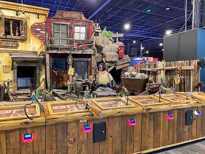 This Wild West shooting gallery brings out everyone's inner cowboy, minus the actual danger of frontier life and questionable dental care.