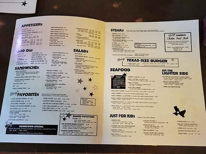 This menu reads like a love letter to Texas comfort food, with portions that prove it means business.
