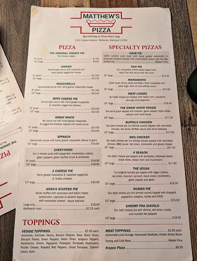 The menu reveals everything from classic cheese to Thai pie, because Matthew's isn't afraid to get creative.