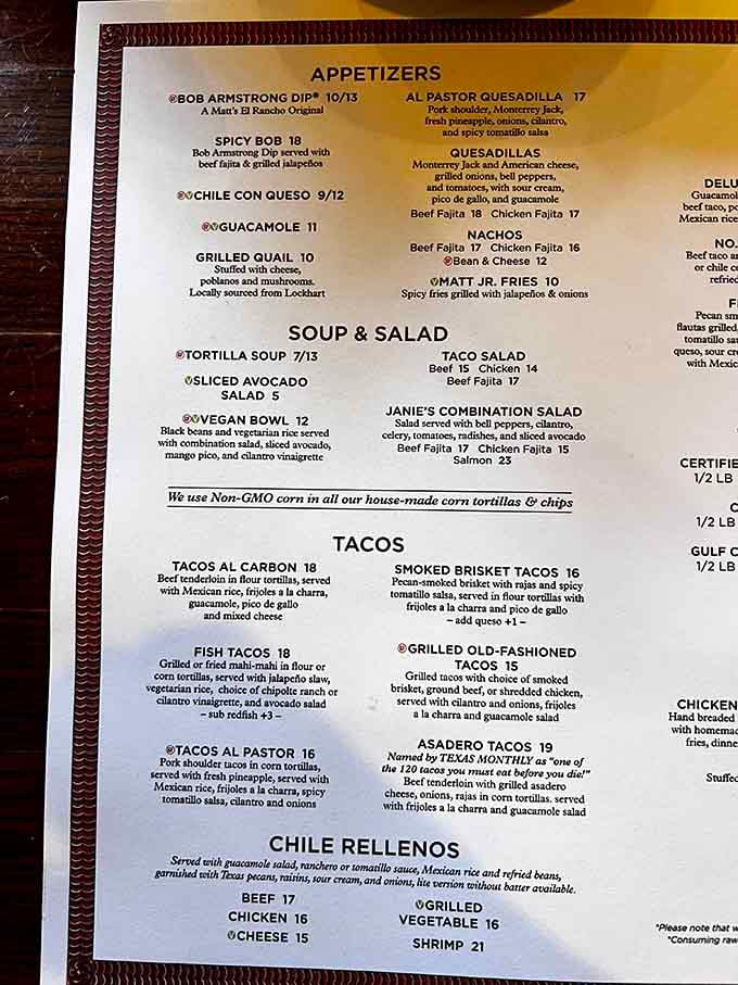 From Bob Armstrong Dip to Asadero Tacos, this menu reads like a greatest hits album of Tex-Mex perfection.