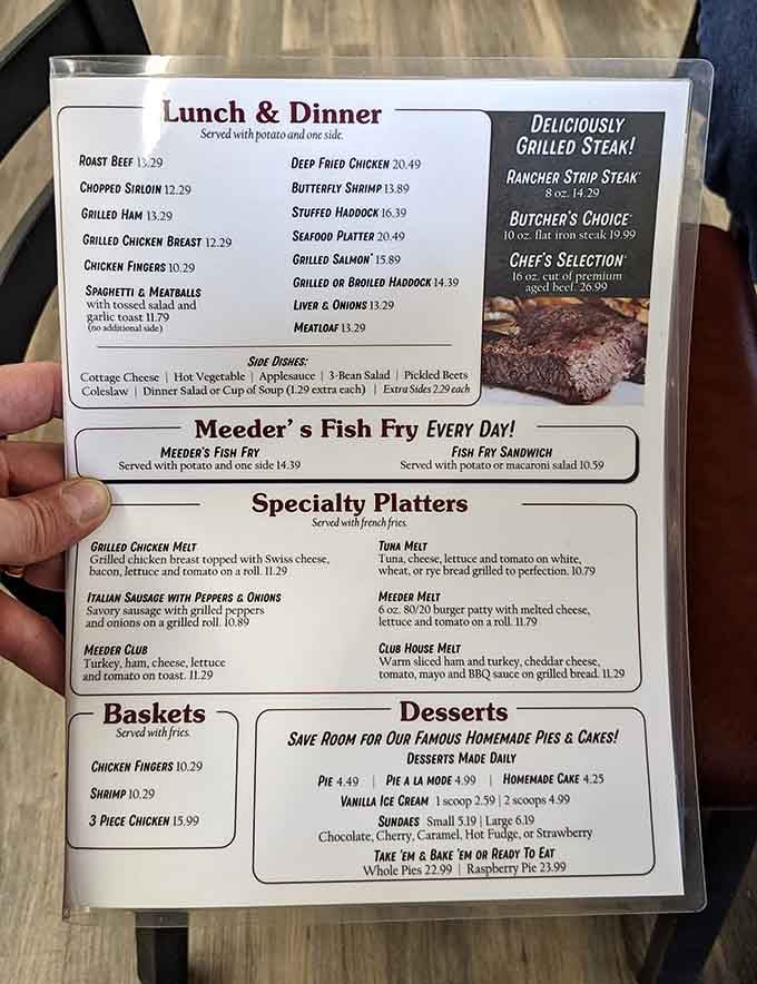 This menu reads like America's greatest hits, from fish fry to meatloaf to homemade pies made daily.