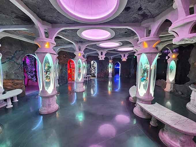 This hallway looks like a cathedral designed by aliens who really appreciated Earth's sense of dramatic lighting.