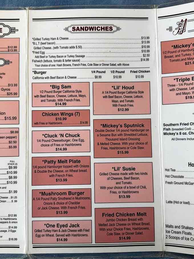 The menu reads like America's greatest hits, from Mulligan stew to the intriguingly named Mickey's Sputnick burger.