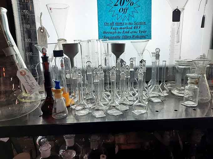 Vintage laboratory glassware that makes you wonder if your high school chemistry teacher is missing some equipment.
