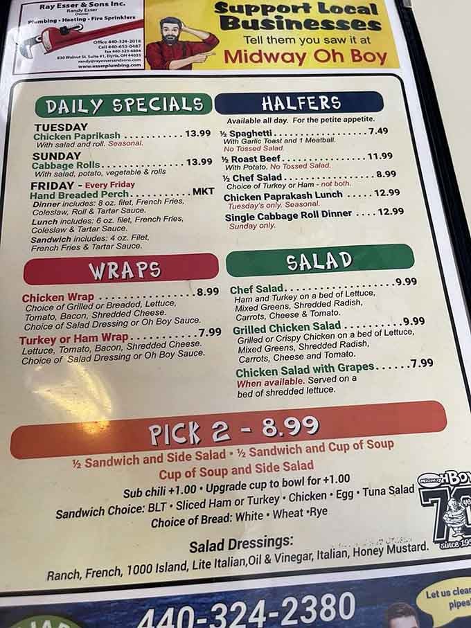 Daily specials and wraps share menu space, proving tradition and variety can absolutely coexist in delicious harmony.