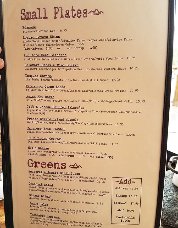 This menu reads like a world tour, proving that sophisticated dining exists far beyond the big cities.