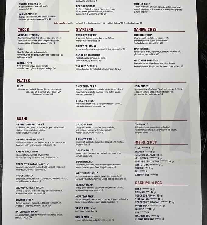 The menu reads like a greatest hits album, featuring everything from sushi rolls to steak that'll make vegetarians reconsider.