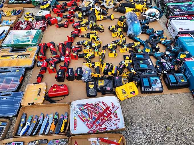 Power tools spread across tables like a contractor's dream buffet, making home improvement projects suddenly seem much more affordable.