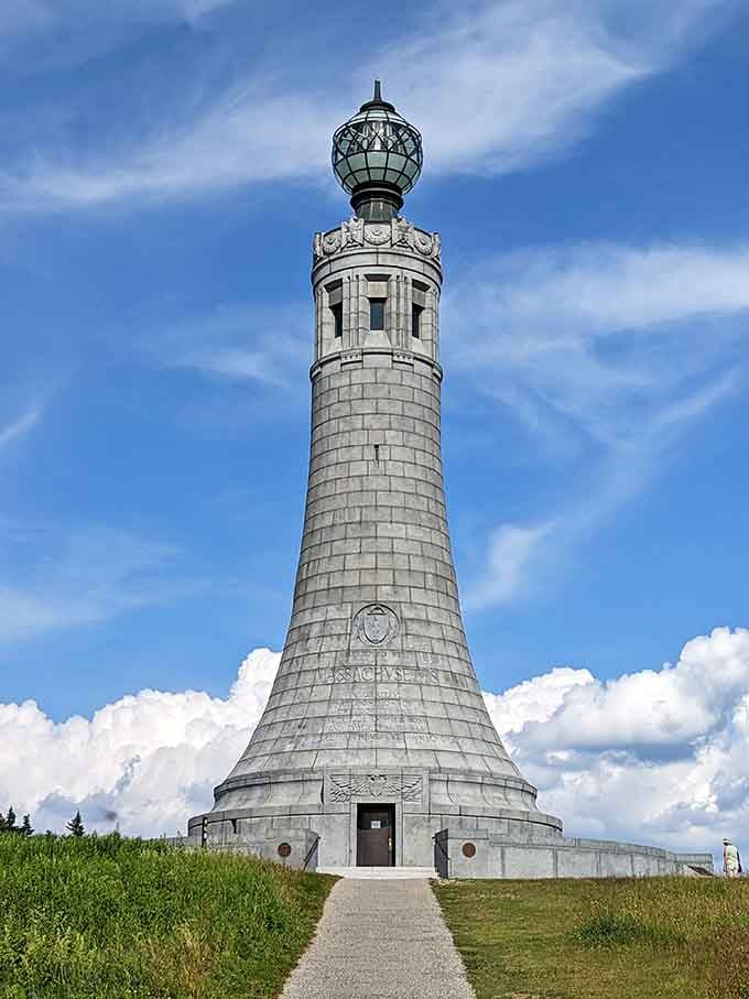 The Veterans War Memorial Tower stands 93 feet tall, because subtlety was never the point here.