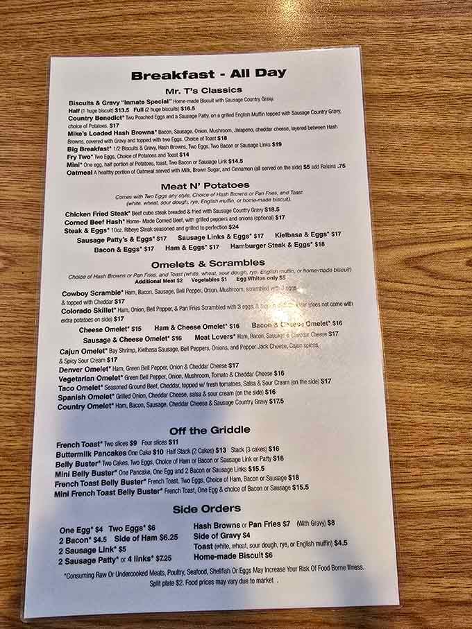 This menu reads like a love letter to classic American breakfast, with portions that prove size still matters.