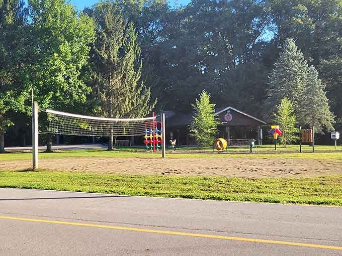 Volleyball and playground equipment ready for action. Your kids will sleep like rocks tonight, guaranteed.