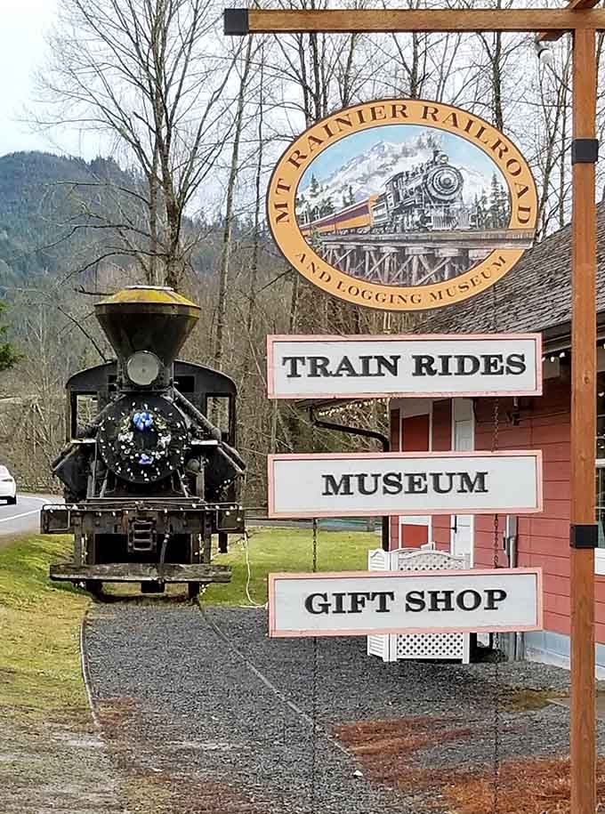 When the sign promises train rides, a museum, AND a gift shop, you know someone understands exactly what makes people happy.