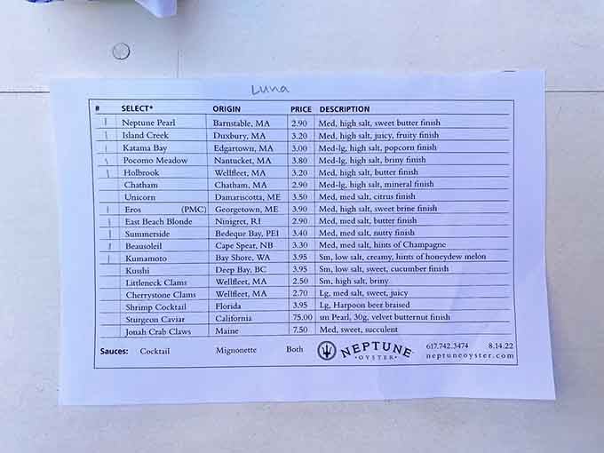 This menu reads like a love letter to New England waters, each oyster variety telling its own story.
