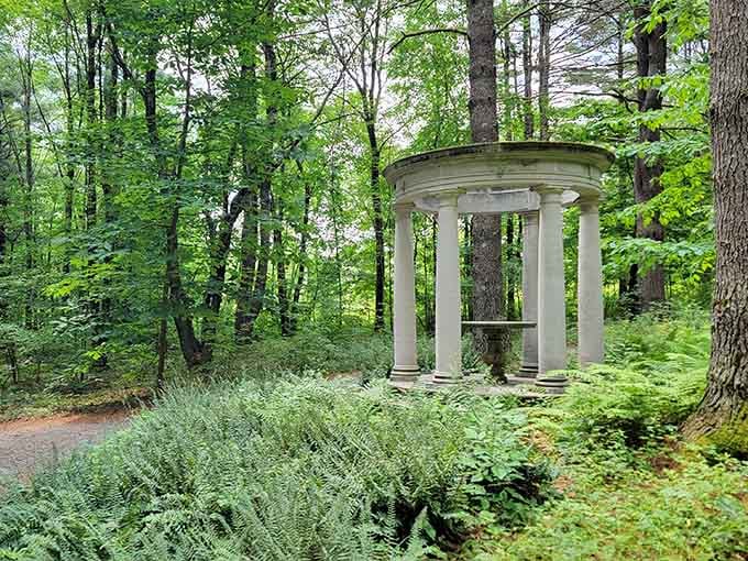 This classical gazebo tucked into the woods proves that architectural elegance works anywhere, even among the ferns.