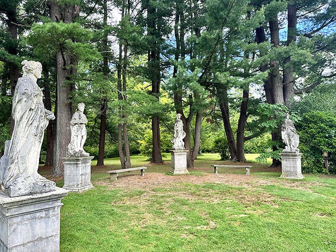 These classical statues stand guard like they're waiting for someone to appreciate their timeless European elegance.