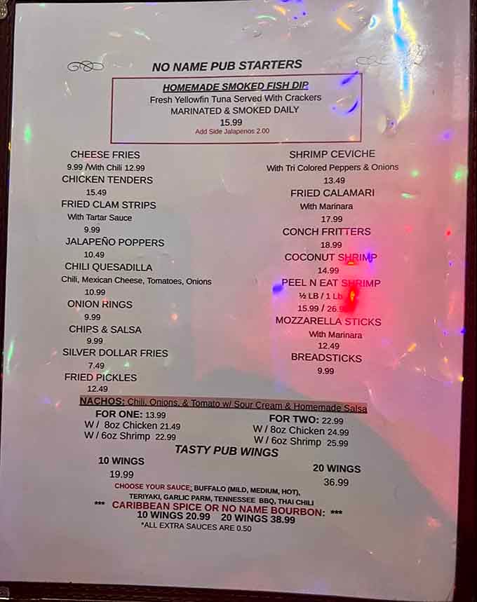 The starters menu promises everything from smoked fish dip to coconut shrimp, because variety is the spice of island life.