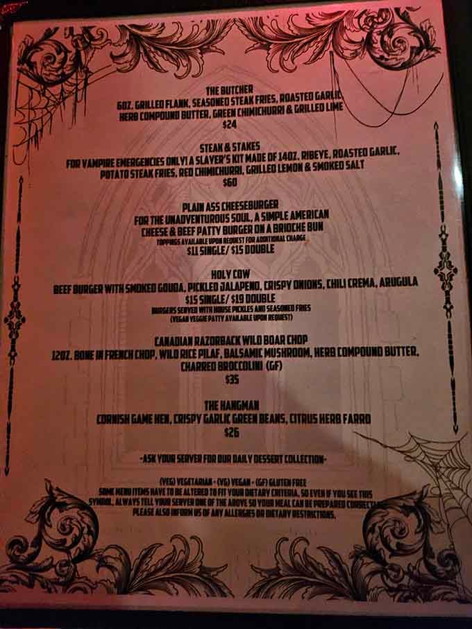 Menu items at Noir Dark Spirits come with names like "Steak & Stakes" for vampire emergencies only.