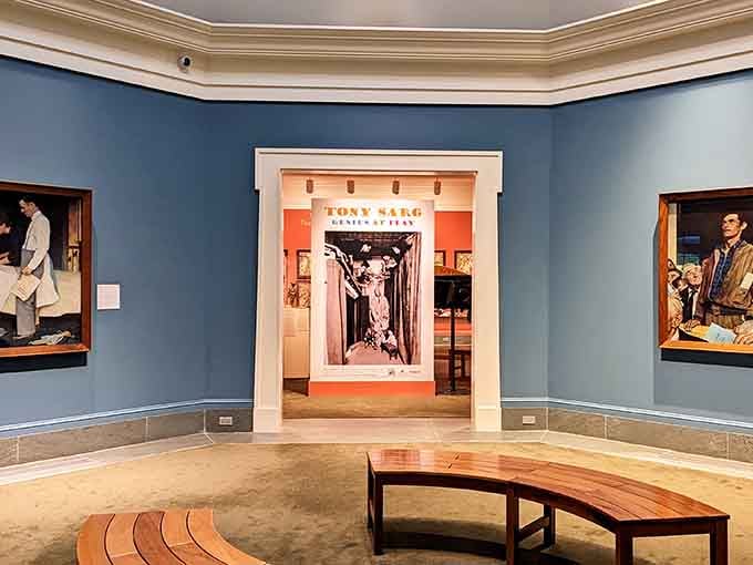 The museum's curved benches invite you to sit and absorb Rockwell's storytelling genius from every perfect angle.