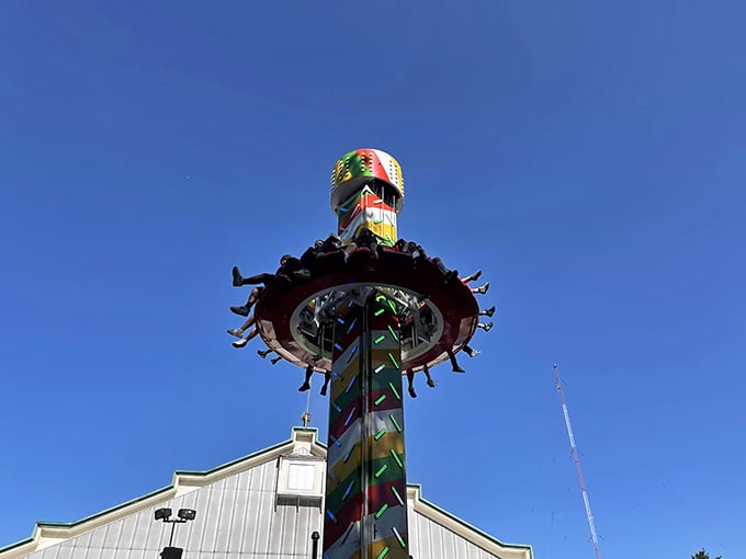 The drop tower stands tall like a colorful exclamation point reminding you that gravity still works perfectly.
