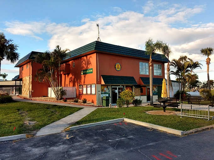 That orange building houses everything you forgot to pack, plus snacks you didn't know you needed.